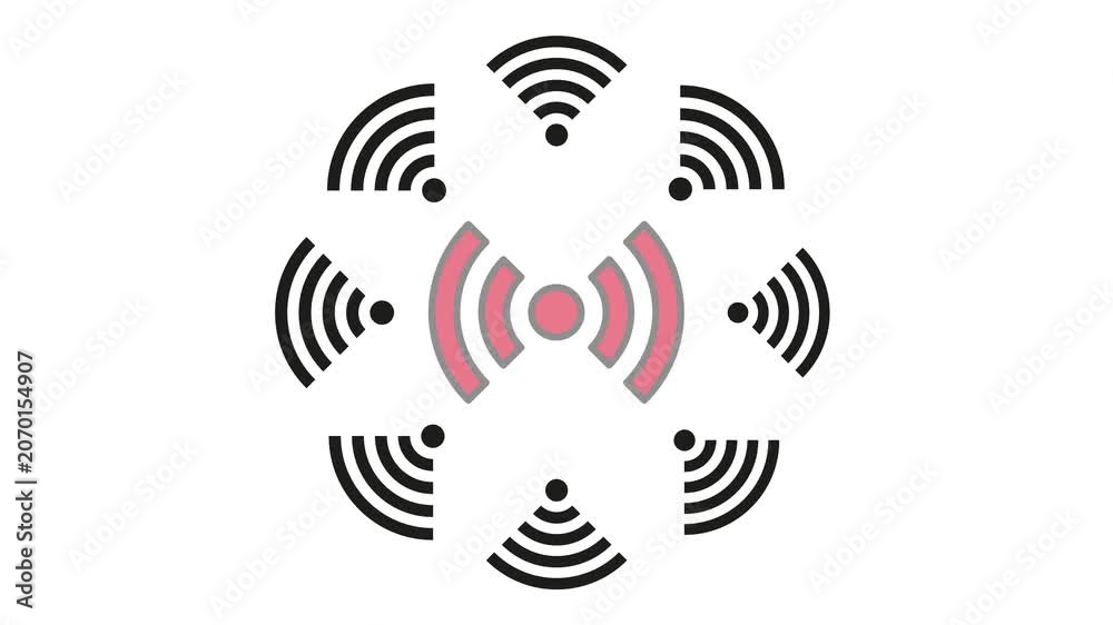 Wi-Fi connection icons loop. The red center shows signal transmission ...